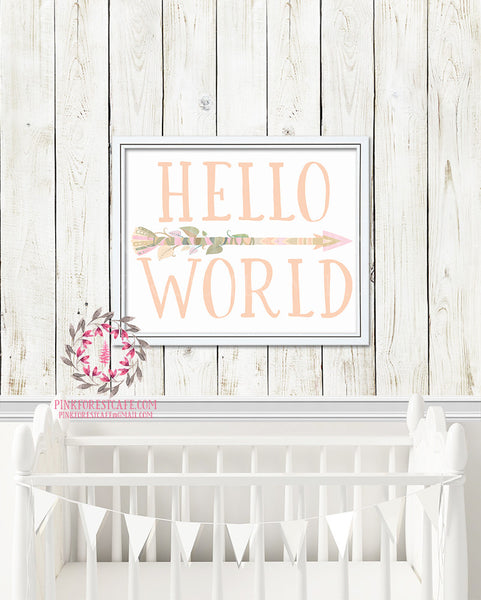Boho Hello World Arrow Blush Printable Print Wall Art Poster Nursery D ...