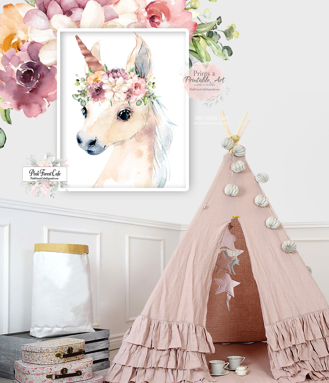Boho Blush Unicorn Wall Art Print Nursery Baby Girl Room Vintage Peony ...