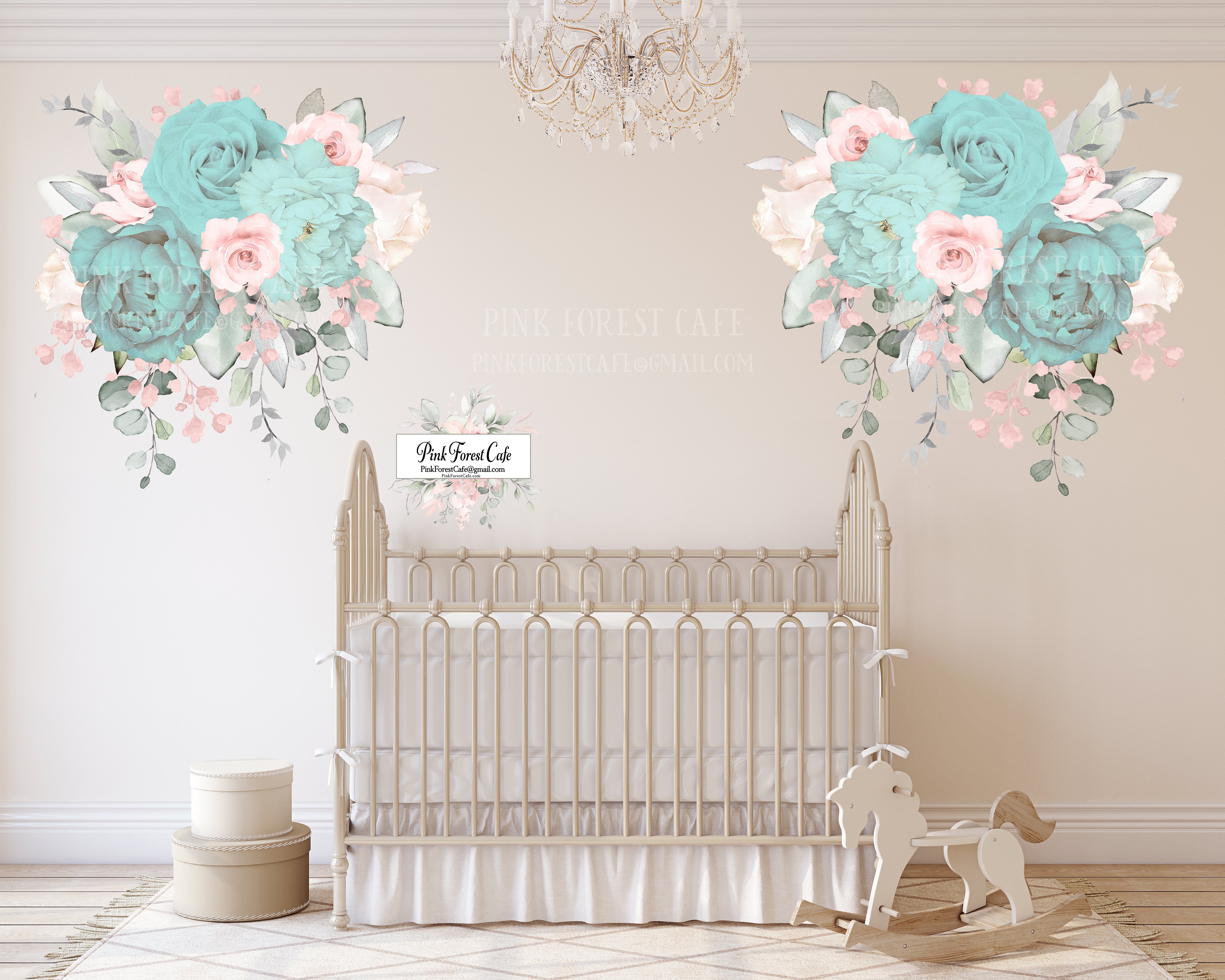 2 - 40" Tiffany Blue Blush Pink Peony Wall Decal Sticker Peonies Rose ...