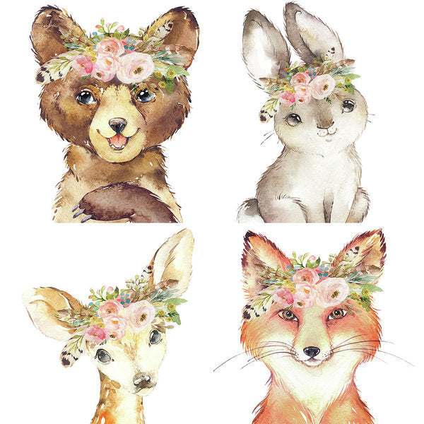 Woodland Tribal Animals Feather Boho Art Print Bear Deer Fox Bunny Rab ...