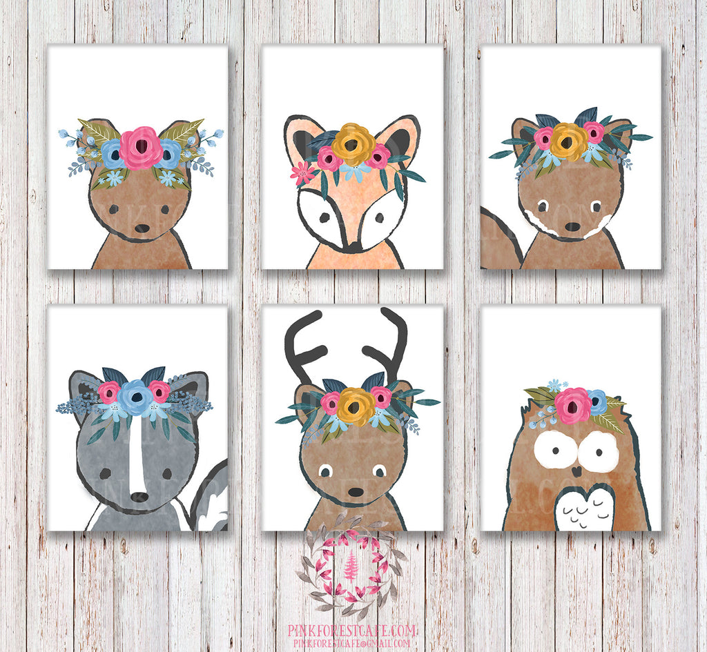 Lot of 6 Woodland Boho Bohemian Floral Nursery Baby Girl Room Prints P ...